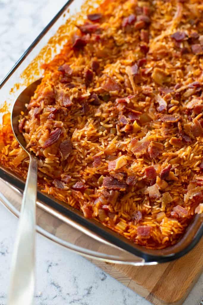 Baked Red Rice with Bacon - Peanut Blossom